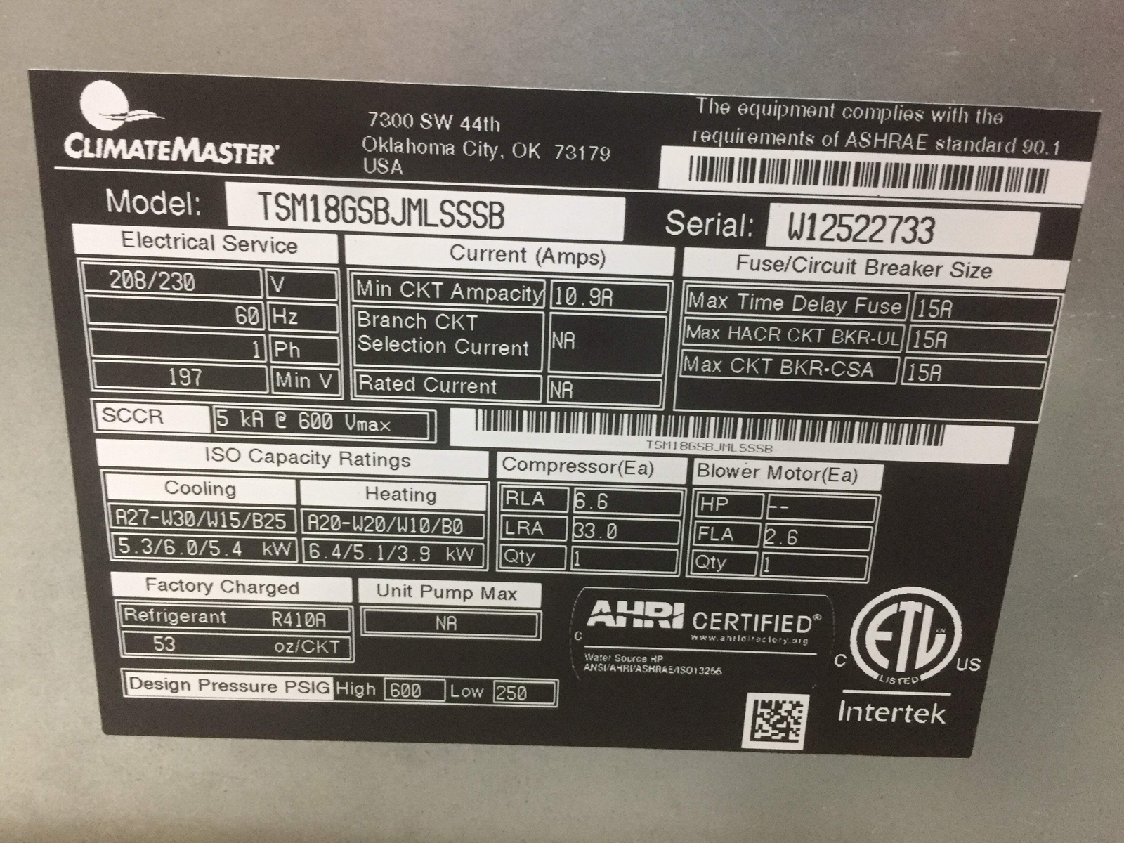 CLIMATEMASTER TSM18GSBJMLSSSB 1.5 TON "TSM" STACK GEOTHERMAL HEAT PUMP ...