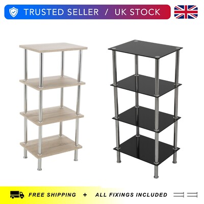 Shelving Unit 4 Tier, Wood Effect or Glass Shelves and Chrome Legs ...