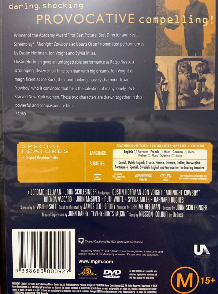 Midnight Cowboy region 4 DVD (1968 Dustin Hoffman / Jon Voight drama ...