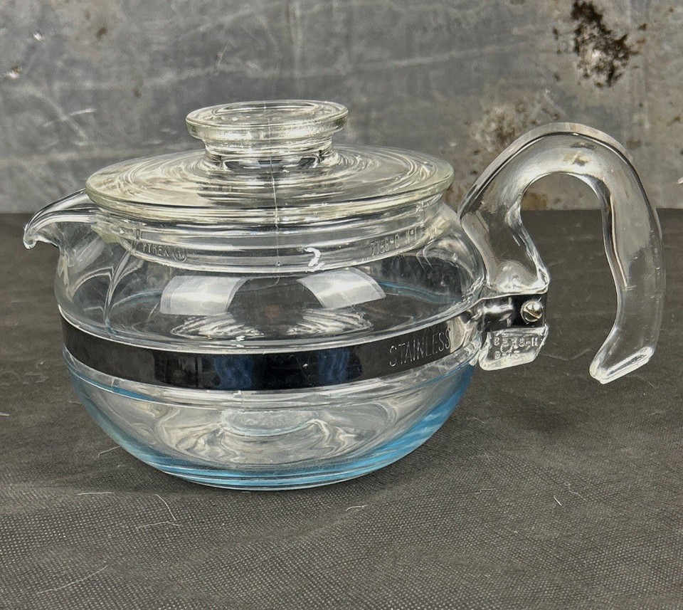 Vtg Pyrex 8446-B 6 Cup Teapot Clear Glass & Stainless Flameware Blue ...