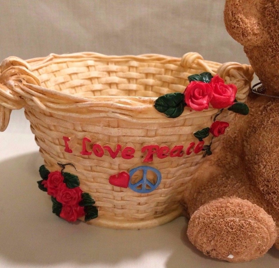 "I Love Peace"Bear with Basket Resin with Peace Sign Heart and Roses 11 ...