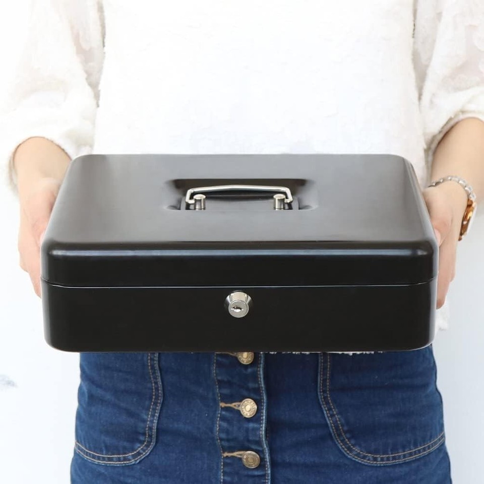 Cash Box with Lock Key and Money Tray Large Money Box for Cash Metal ...