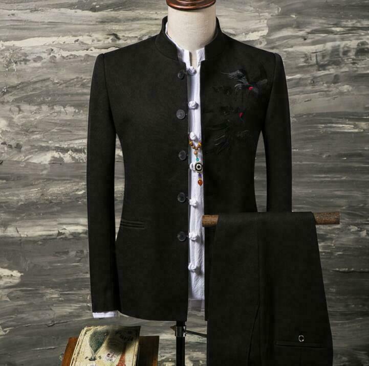 Men Chinese Style Embroidery Blazers Stand Collar Formal Slim Jacket ...