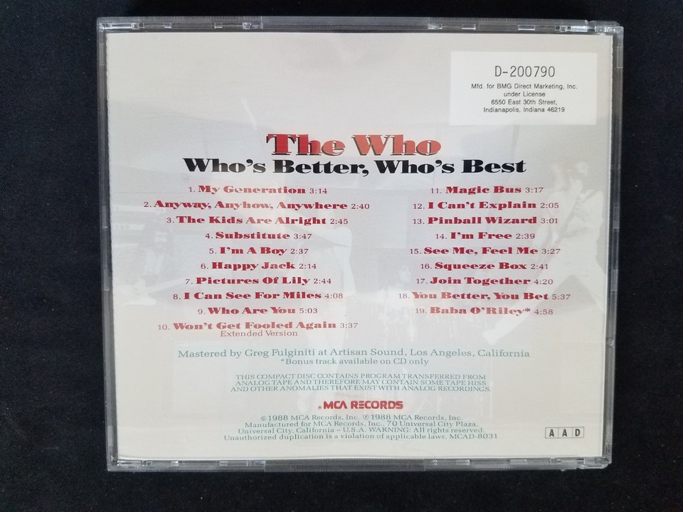 Who's Better, Who's Best by The Who (CD, Nov-1988, MCA) Ships in 24 ...