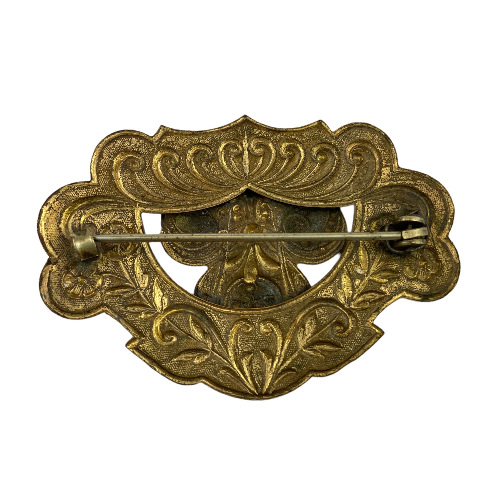 Antique Brass Sash Pin Brooch Shield Shape w/Green Gl… - Gem