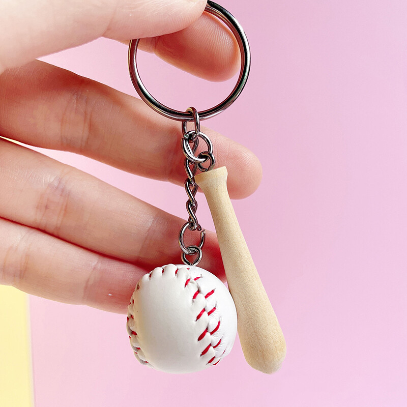 Baseball Keychain Mini Wooden Bat Ball Keyring Keychains Sports Ball ...