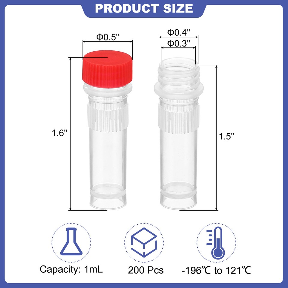 200Pcs 1ml Plastic Self Standing Cryogenic Vial Screw Top Frozen Test ...