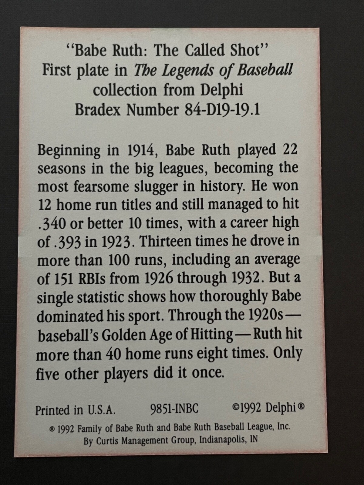 1992 Delphi Plate Promo Babe Ruth "The Called Shot" PRISTINE - Could be ...