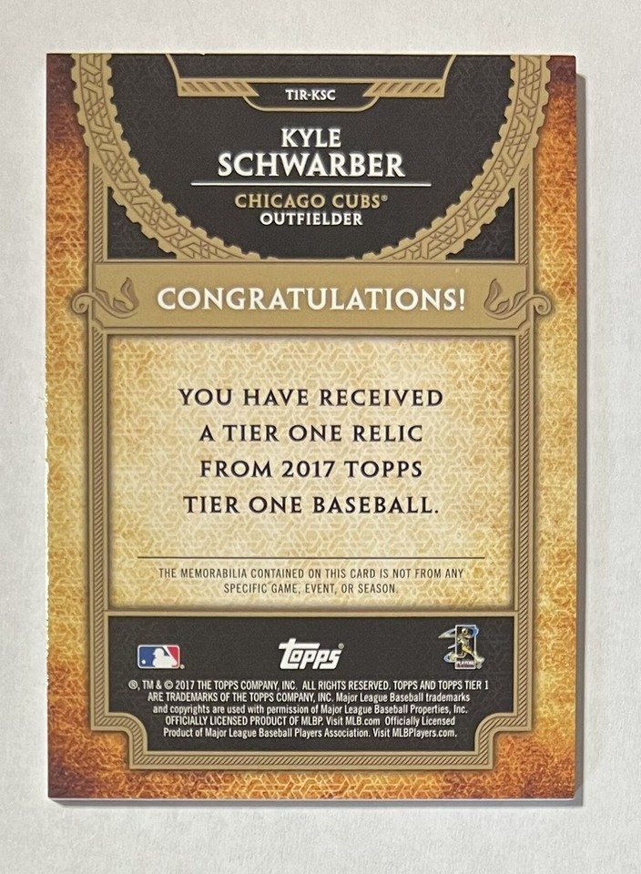 Kyle Schwarber 2017 Topps Tier One Game Used Jersey Relic Card #T1R-KSC ...