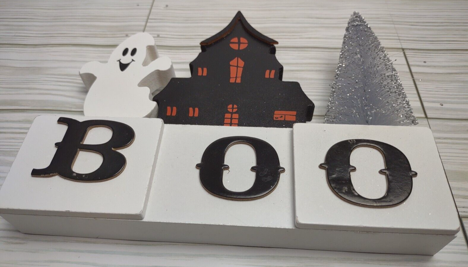 Ghost Boo Halloween Village Decor Wood Haunted House Tinsel Tree ...