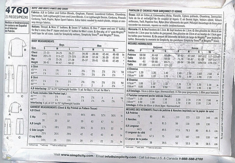 OOP Simplicity 4760 MEN BOYS Shirt and Pants Sewing Pattern Size 34-48 ...