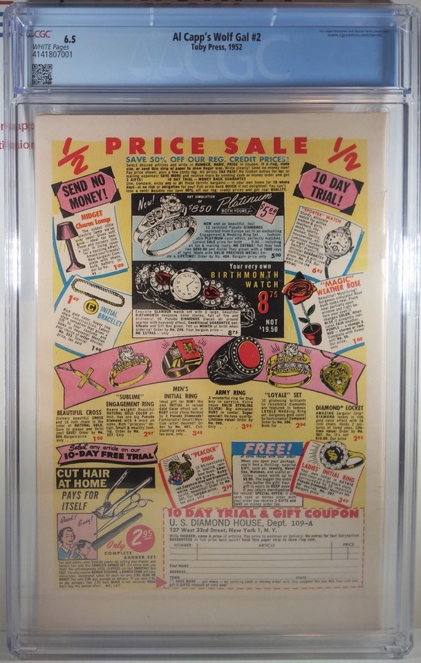 💥💗 CGC 6.5 AL CAPP'S WOLF GAL #2 WHITE PAGES TOBY PRESS 1952 SCARCE LIL ...