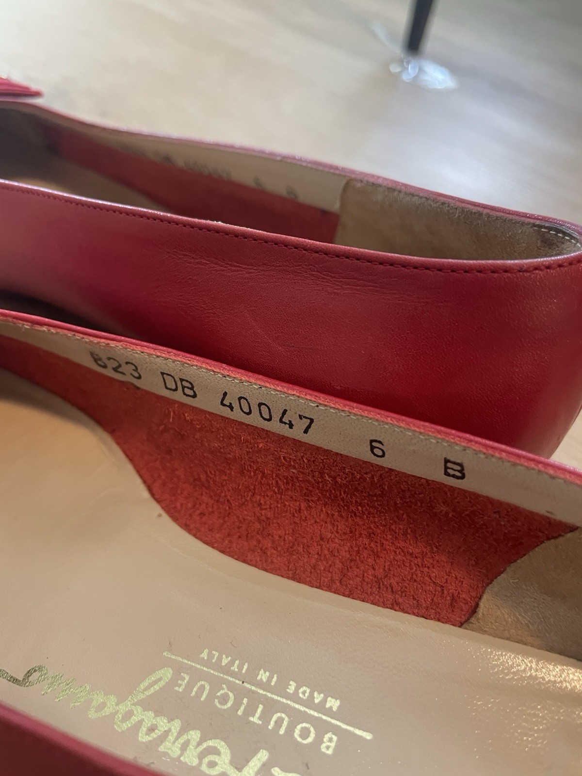Salvatore Ferragamo Red Leather Slip-On Flats Gold Tone Logo Hardware ...