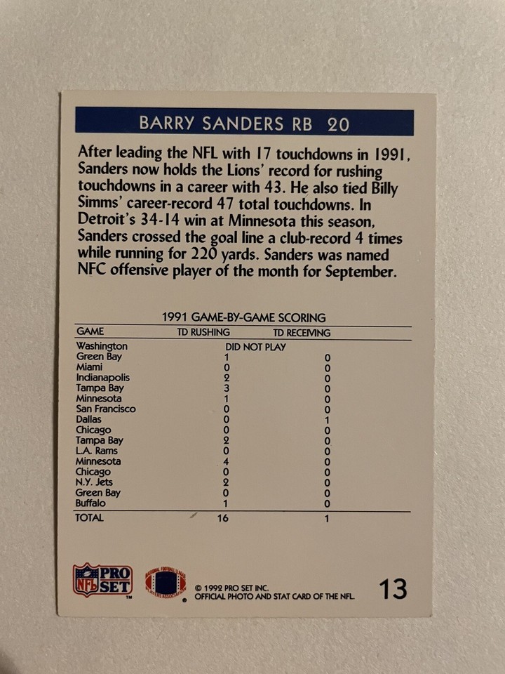1992 Pro Set #13 Barry Sanders LL Scoring Leader Detroit Lions Oklahoma ...