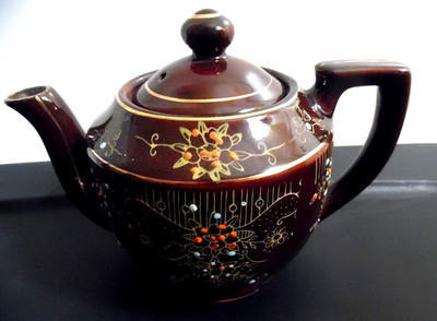 1950'S JAPANESE GLAZED POTTERY REDWARE TEA SERVER HAND PAINTED ORIENTAL ...