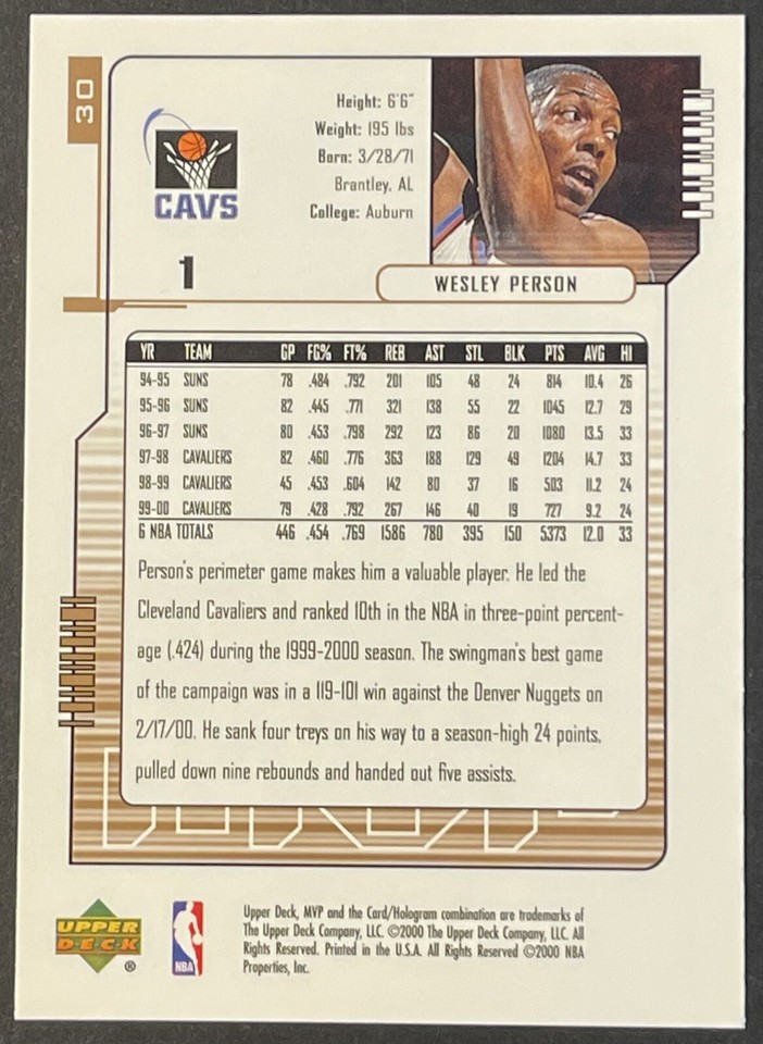 2000-01 Upper Deck MVP Cleveland Cavaliers Basketball Card #30 Wesley ...