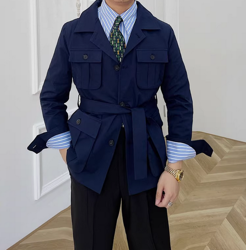 Men reto Safari Jacket Belt Overcoat Britain Jacket Multiple Outwear ...