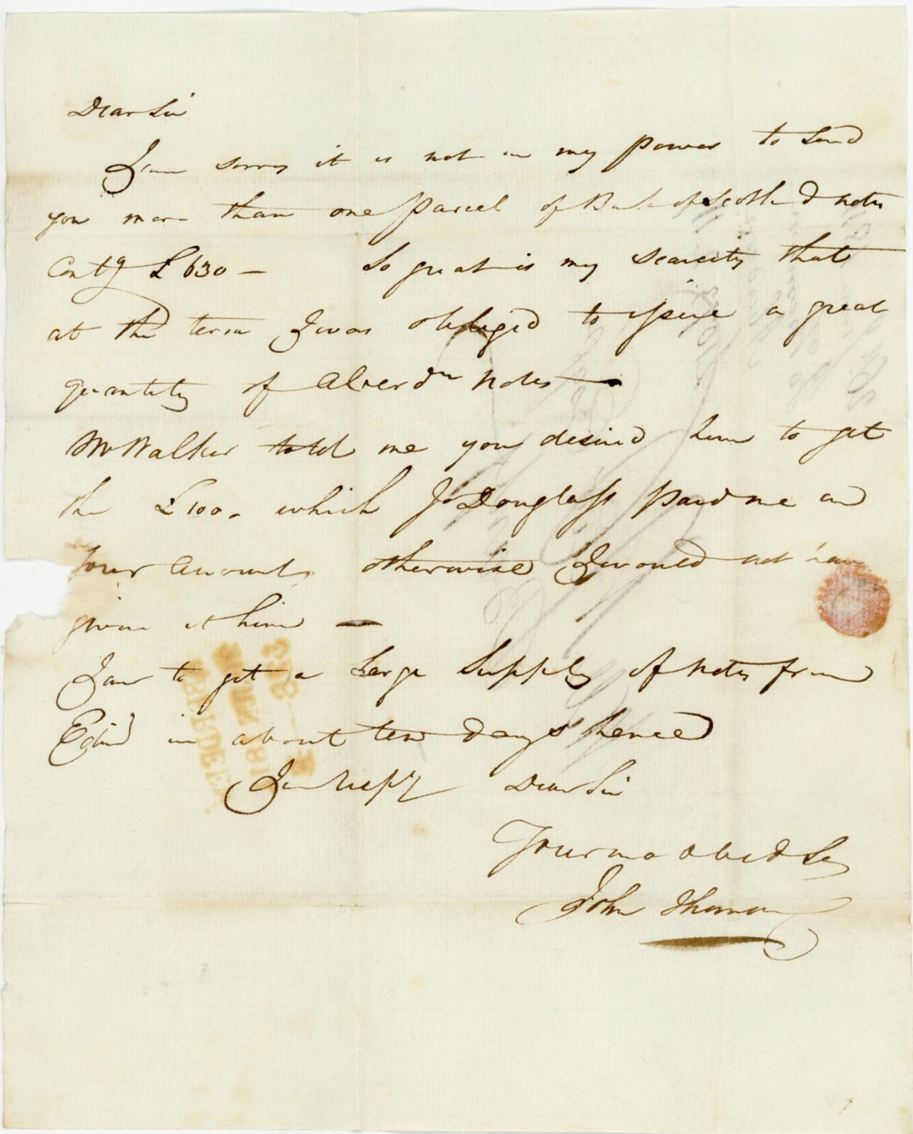 1811 LETTER SCOTLAND ABERDEEN 3 LINE to BANFF JOHN THOMSON SUPPLY OF ...