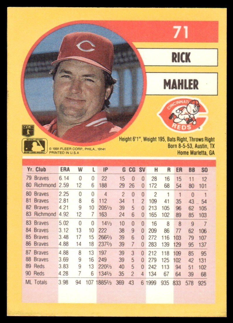 1991 Fleer Baseball Card Rick Mahler Cincinnati Reds #71 | eBay