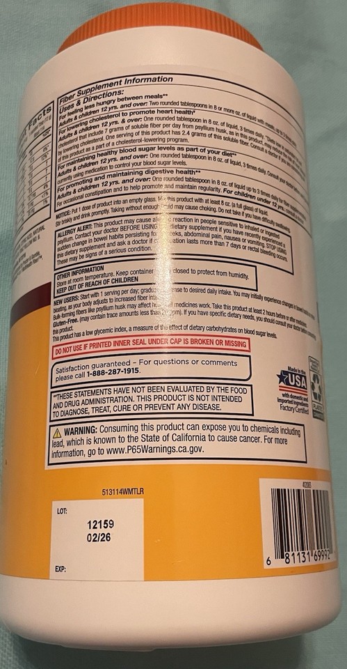 Equate Daily Fiber Orange Smooth Fiber Powder 48.2oz 100% Natural ...