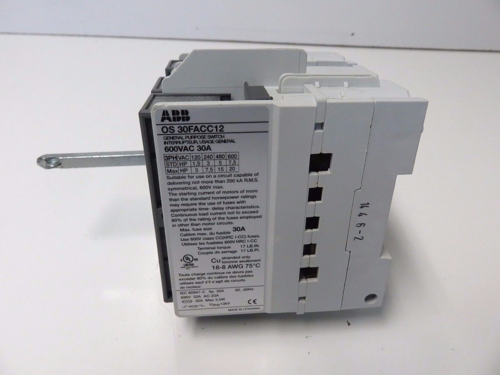 ABB OS 30FACC12 Fused Disconnect 600 VAC 30 Amp OS30FACC12 w/ FNQ-R-15 ...