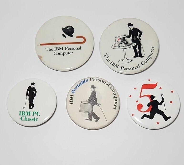 5 Vintage IBM Persinal Computer PC Charlie Chaplin Promo 2.5" Pin ...