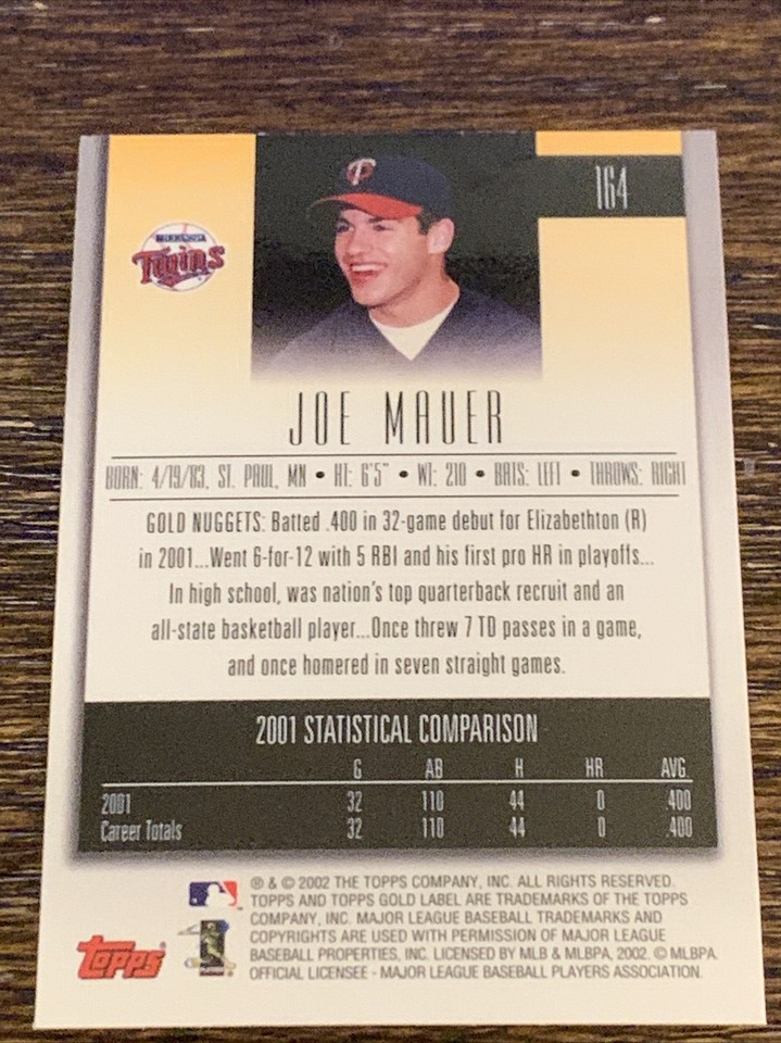 2002 TOPPS GOLD LABEL JOE MAUER #164 RC ROOKIE TWINS MINT | eBay