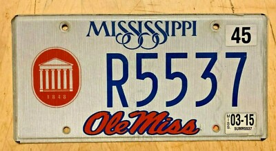 MISSISSIPPI OLE MISS. COLLEGE LICENSE PLATE " R 5537 " MS UNIVERSITY ...