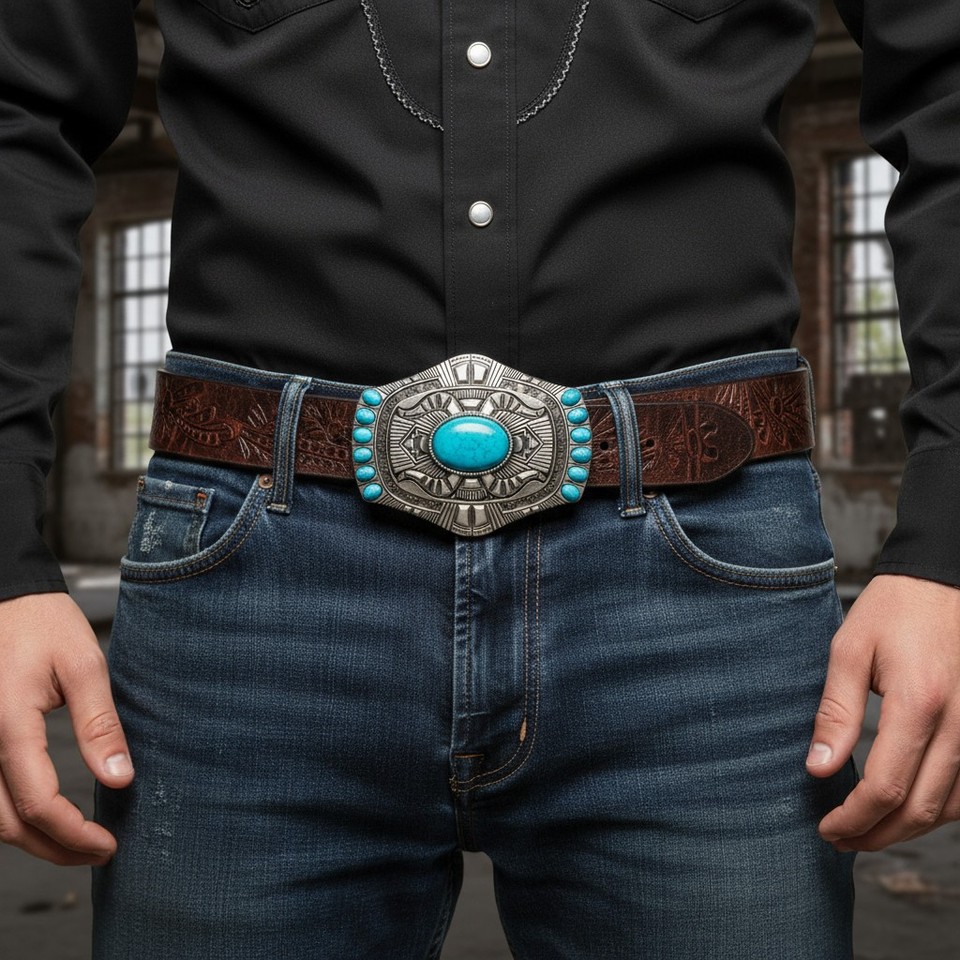 Men Women Silver Metal Belt Buckle Southwestern Ethnic Bold Turquoise ...