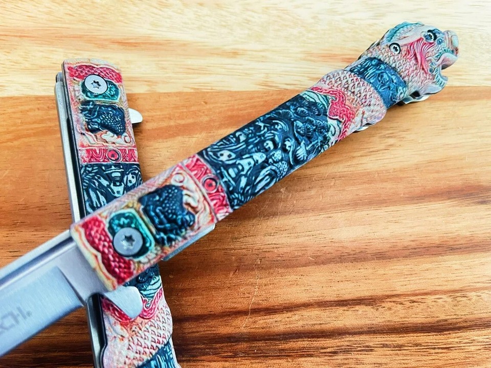 10" Dragon Faux Ivory Handle Spring Assisted Open Blade EDC Folding ...