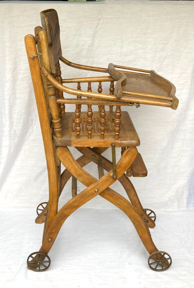 Antique Wooden Oak Cane Convertible Mechanical Baby High Chair & Rocker ...