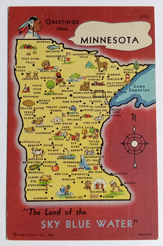 Greetings from Minnesota MN Large Letter 1940 Linen Postcard State Map ...