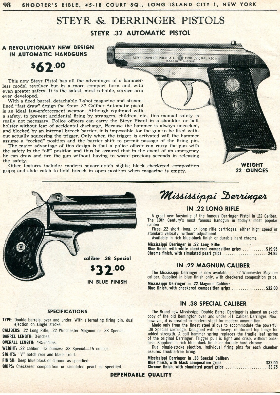 1962 Print Ad of Steyr .32 Auto Pistol & Mississippi Derringer 38 ...
