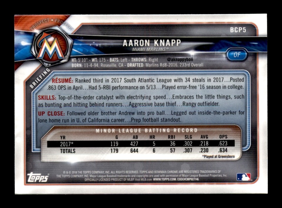 2018 1st Bowman Chrome Prospect #BCP5 Aaron Knapp Miami Marlins ...