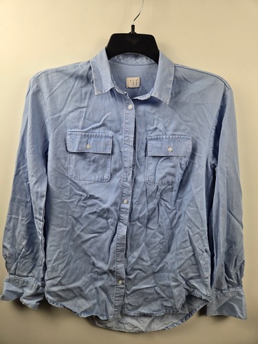 A New Day Shirt Top Women Small Blue Chambray Chest Pockets Collared ...