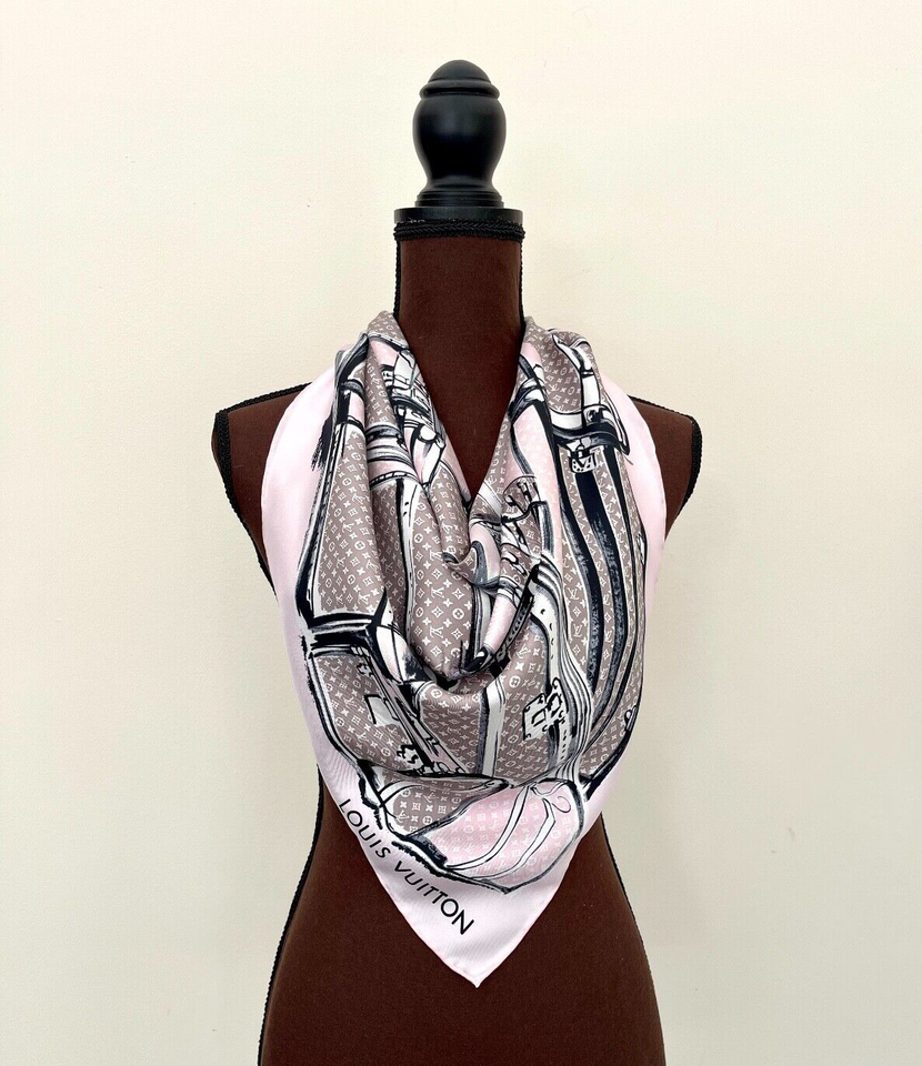 New Louis Vuitton Scarf Monogram Classic Trunks Luggage Pink Beige Silk ...