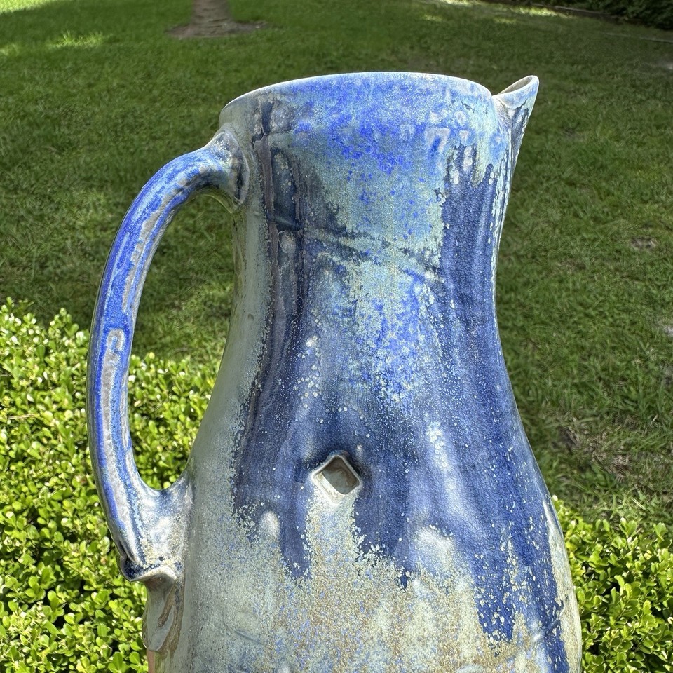Tim Sherman Studio Pottery Pitcher Wood Fired Blue Drip Ash Glaze ...