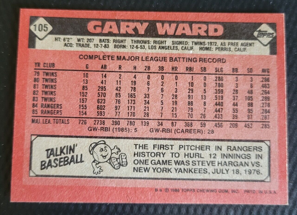 1986 Topps TCG Outfielder GARY WARD Texas Rangers MLB Baseball Card ...