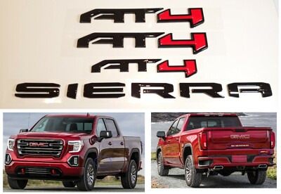 4PCS Door Rear Gloss Black Red AT4 Sierra Emblem GMC Sierra 1500 2500HD ...