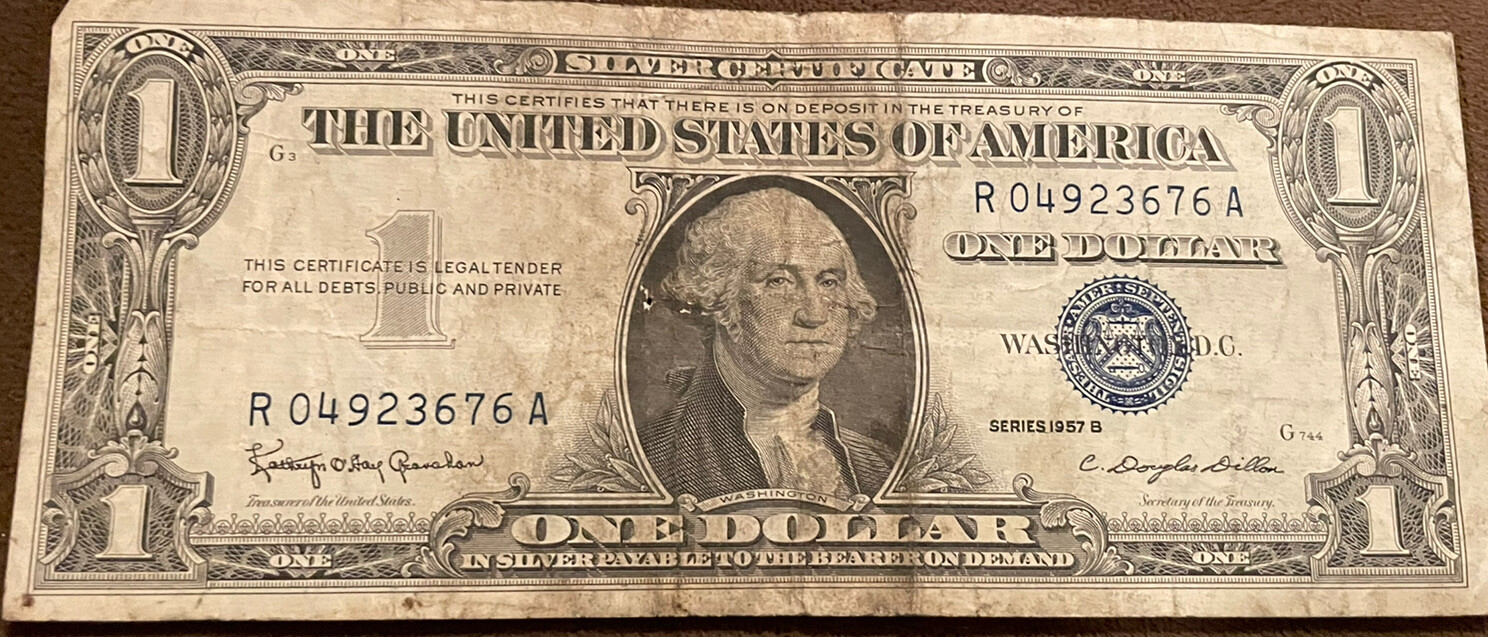 1957 B $1 One Dollar Bill Blue Seal USA Silver Certificate banknote ...
