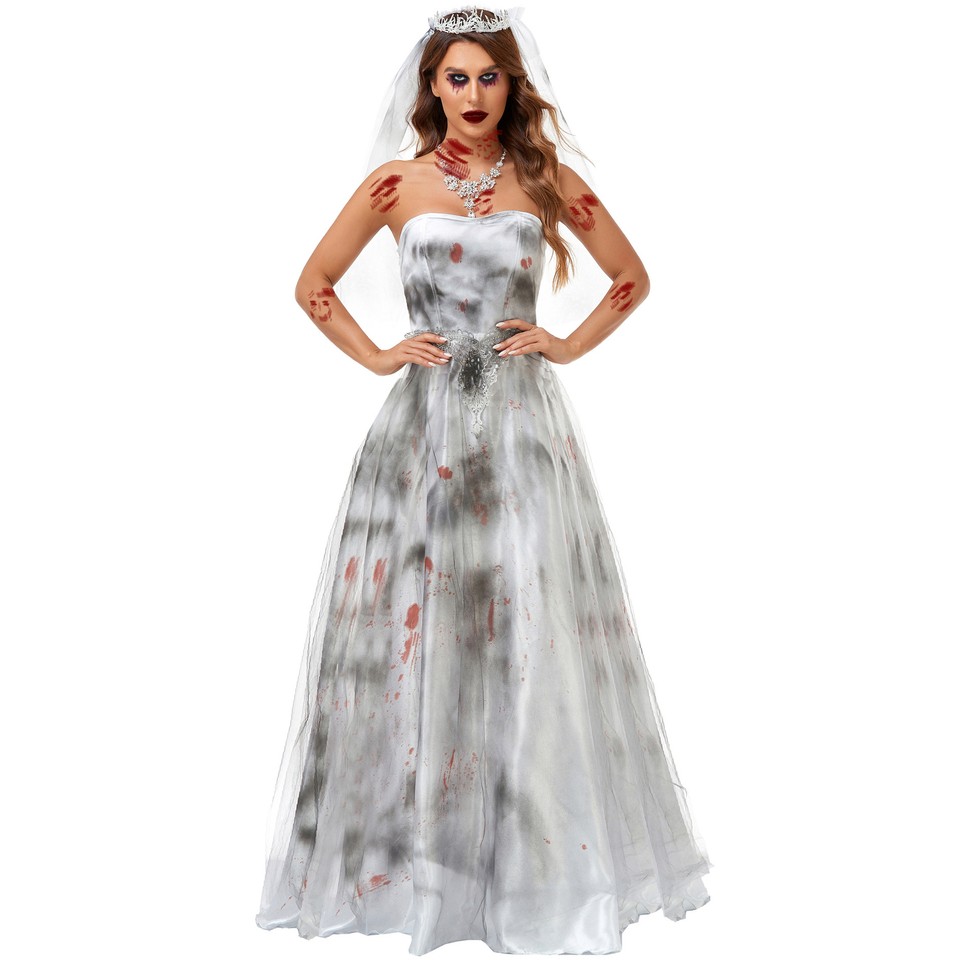 Women Halloween Sheer Mesh Cosplay Ghost Vampire Bride Costumes White ...