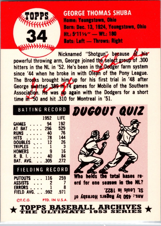 1991 Topps Archive 1953 Topps #34 George Shuba Excellent | eBay