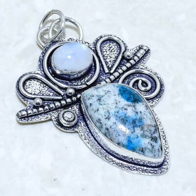 K2 Azurite, Rainbow Moonstone Gemstone Silver Jewelry Pendant 2.2 ...