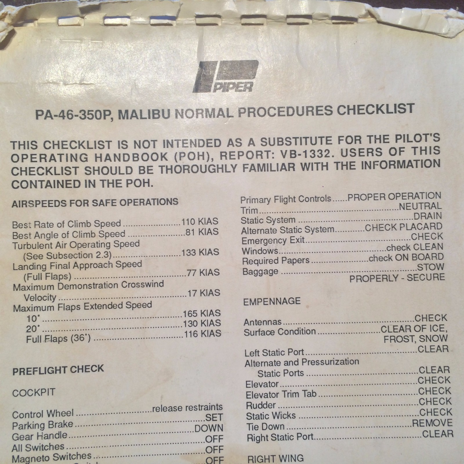 Piper Malibu PA-46-350P Normal & Emergency Procedures Checklist | eBay