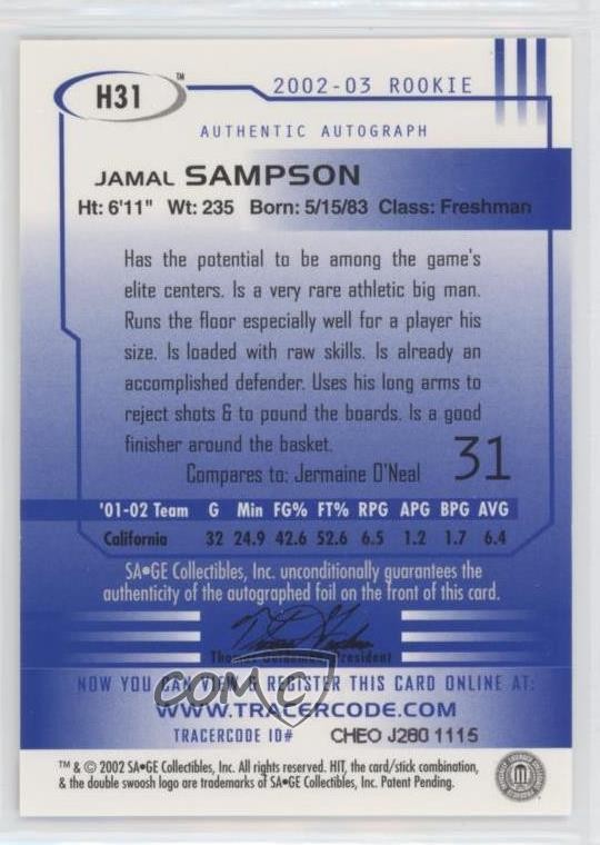 2002-03 SAGE Hit Silver Auto Jamal Sampson #H31 Rookie Auto RC 0u2j | eBay