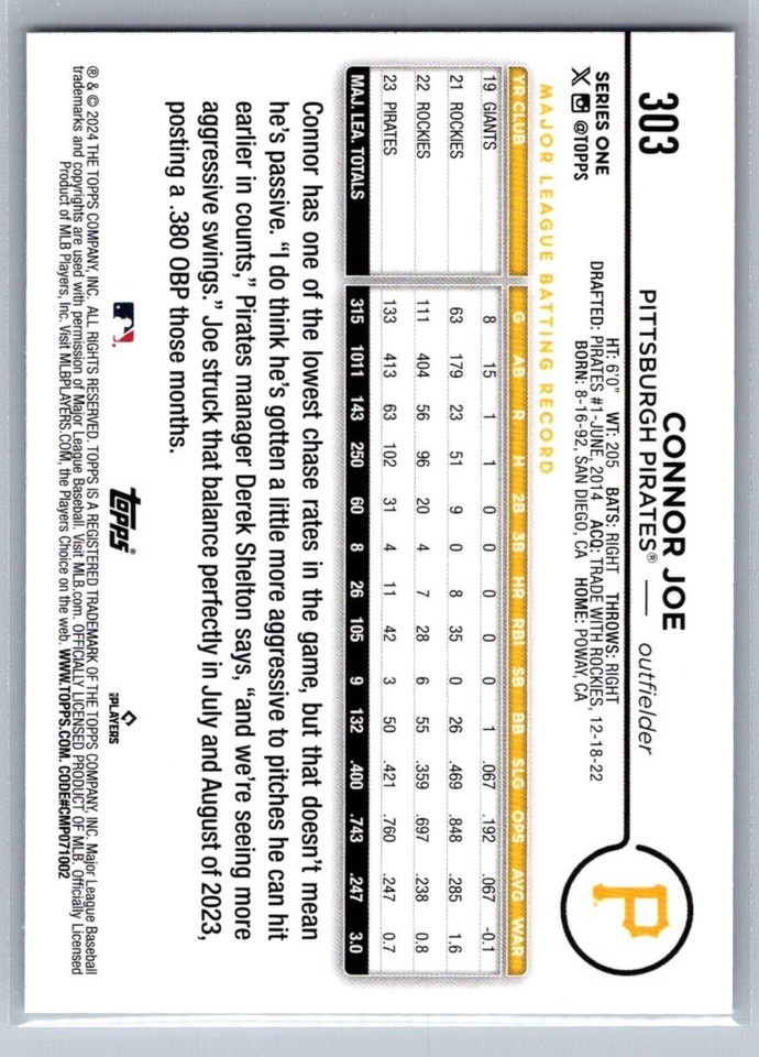 Connor Joe #303 Pittsburgh Pirates 2024 Topps Series One | eBay