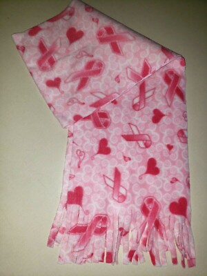 PINK WHITE FLEECE SCARF PINK RIBBONS HEARTS cancer awareness ONE SIZE ...