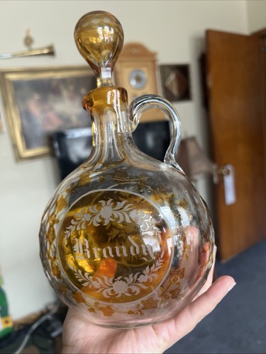 Antique Bohemian Amber Cut-to-Clear Glass Brandy Decanter - Art Nouveau ...