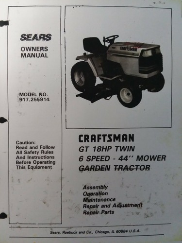 Sears Craftsman GT 18 6sp 1988 Garden Tractor Owner & Parts Manual 917. ...