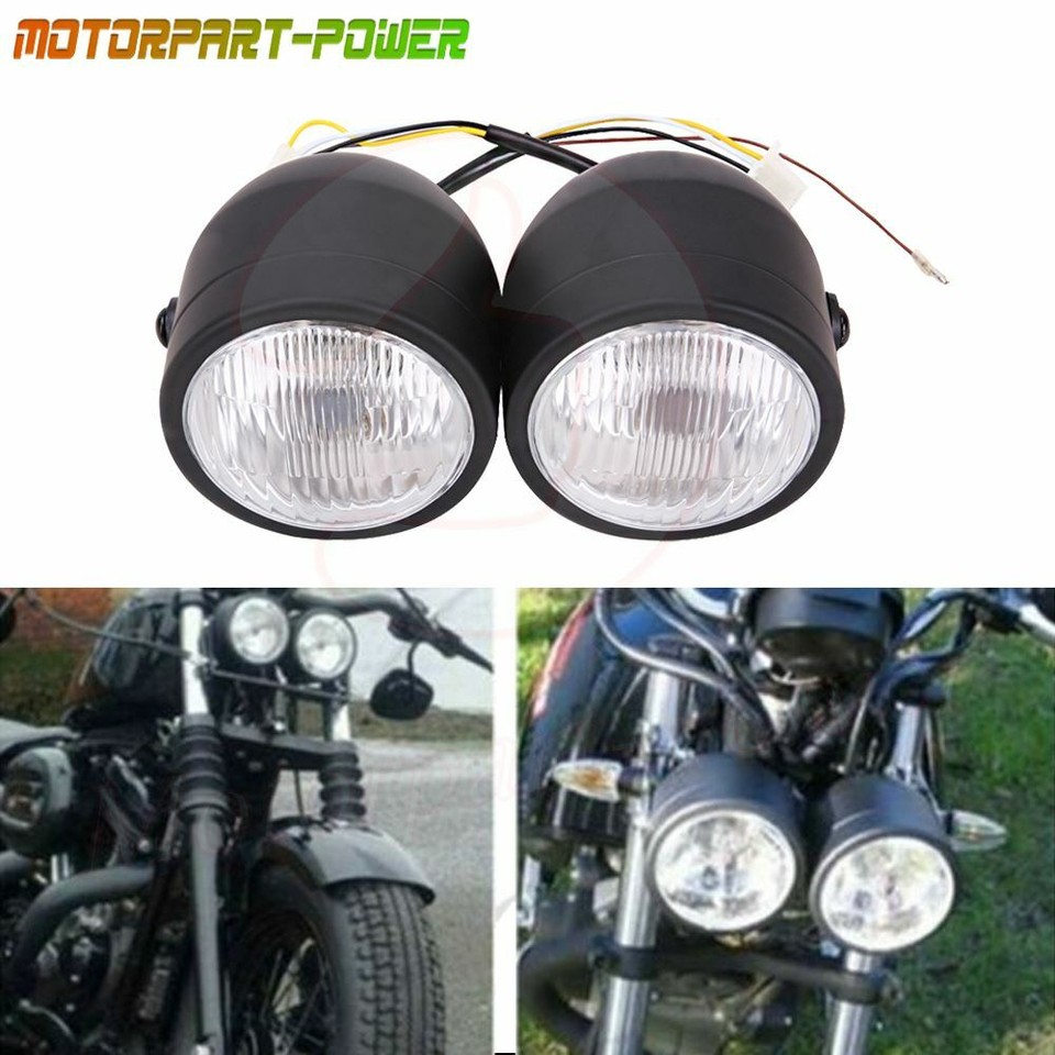 Universal Street Motorcycle Black Front Twin Headlight Double Dual Lamp ...
